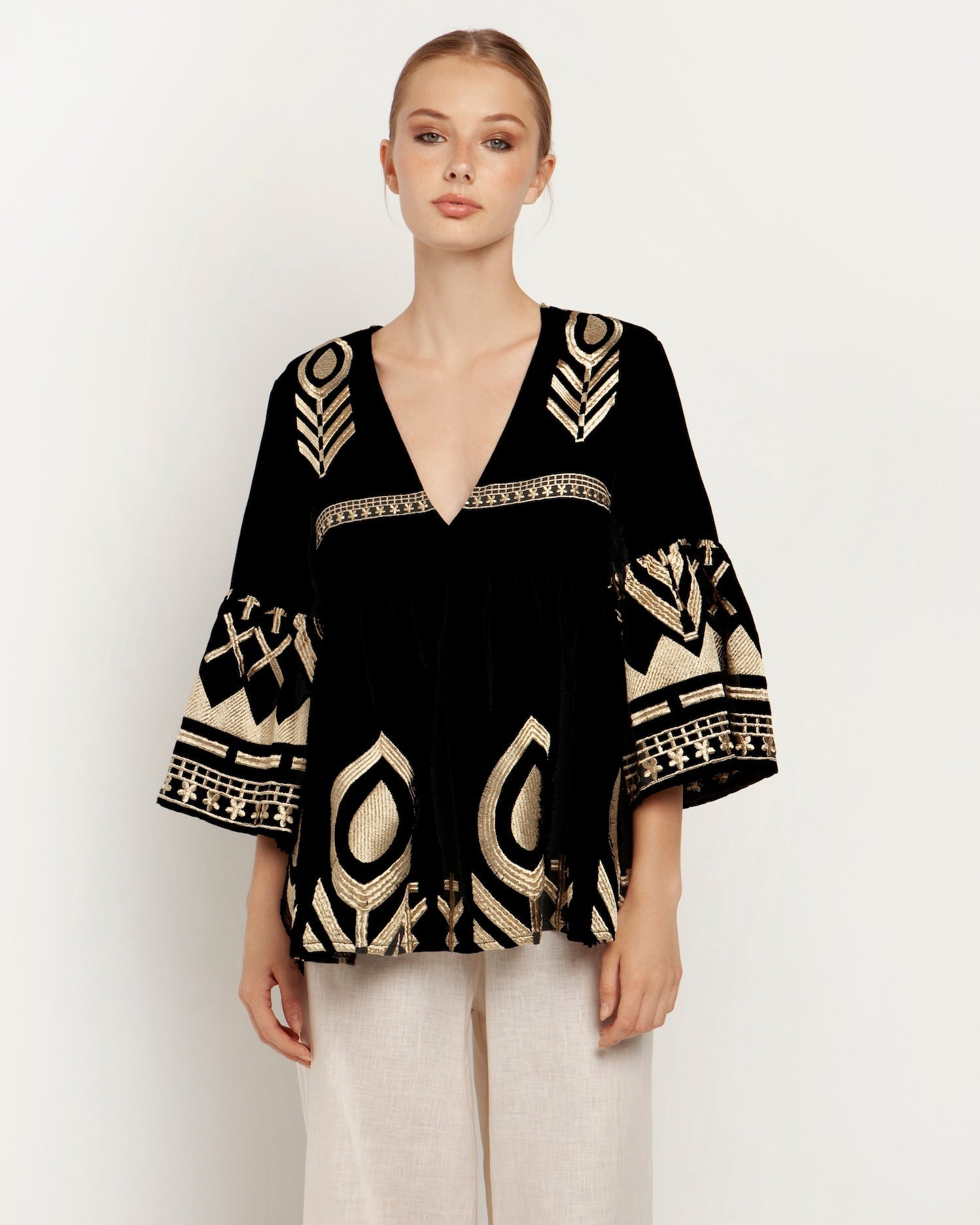 Short Feather Bell Sleeve Blouse | Black & Gold – Pasha Living